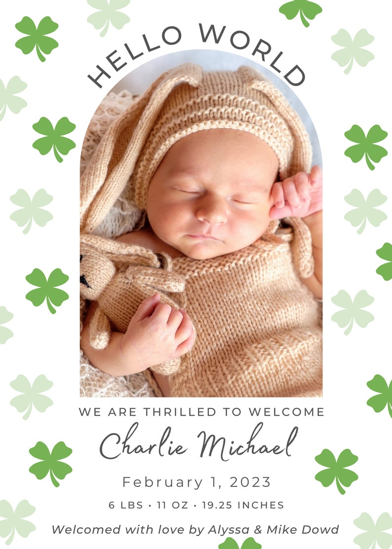 Irish Themed Baby Announcement, St Patrick's Day, Four Leaf Clover ...
