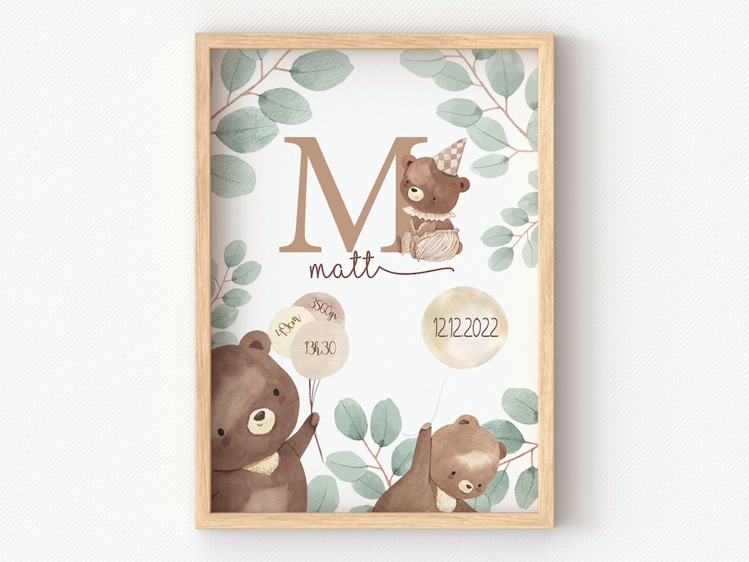 Teddy Bear Poster, Cute Animals, Personalized Baby Poster for Baby Room ...