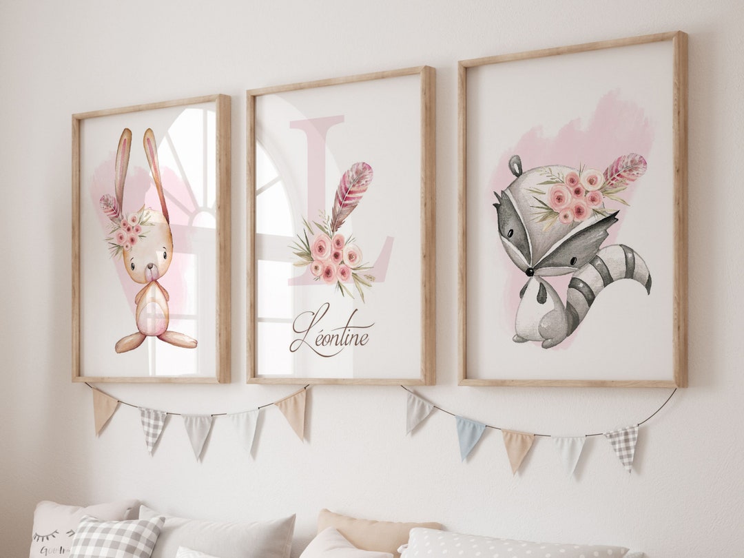 Set de 3 posters fille, boho animal, chambre de bébé rose bohème, 3 ...
