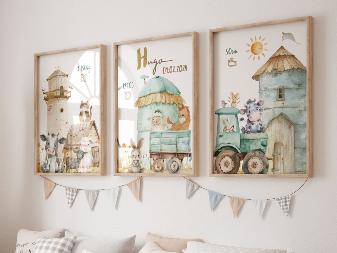Set of 3 Farm Animal Baby Posters, Personalized Farm Posters, Farm ...