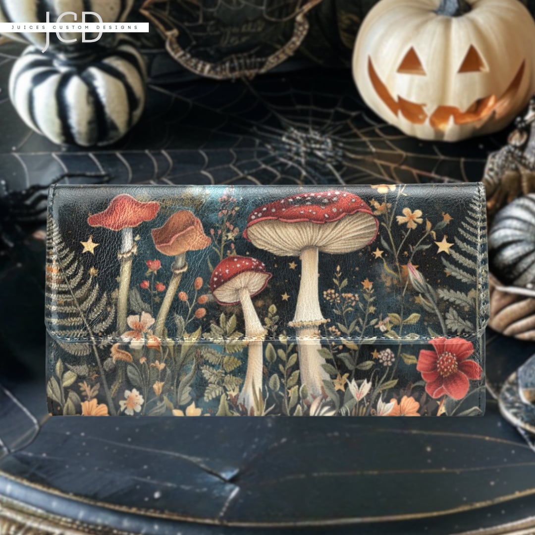 Mushroom Print Trifold Wallet, Women's Vegan Leather Clutch, Floral ...