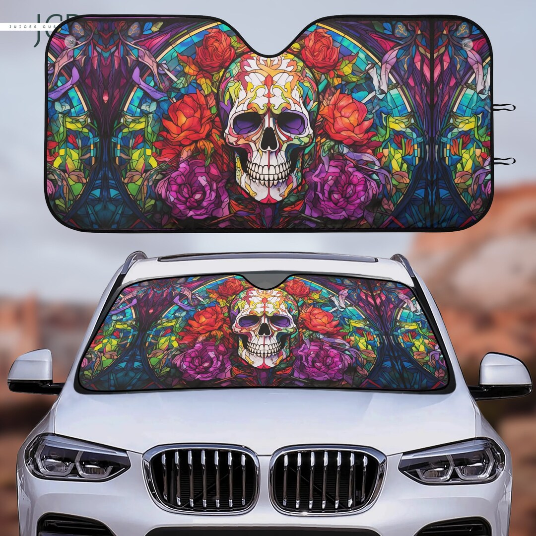 Colorful Skull Floral Sunshade for Car, Unique Car Sun Shade Gift, Cool ...