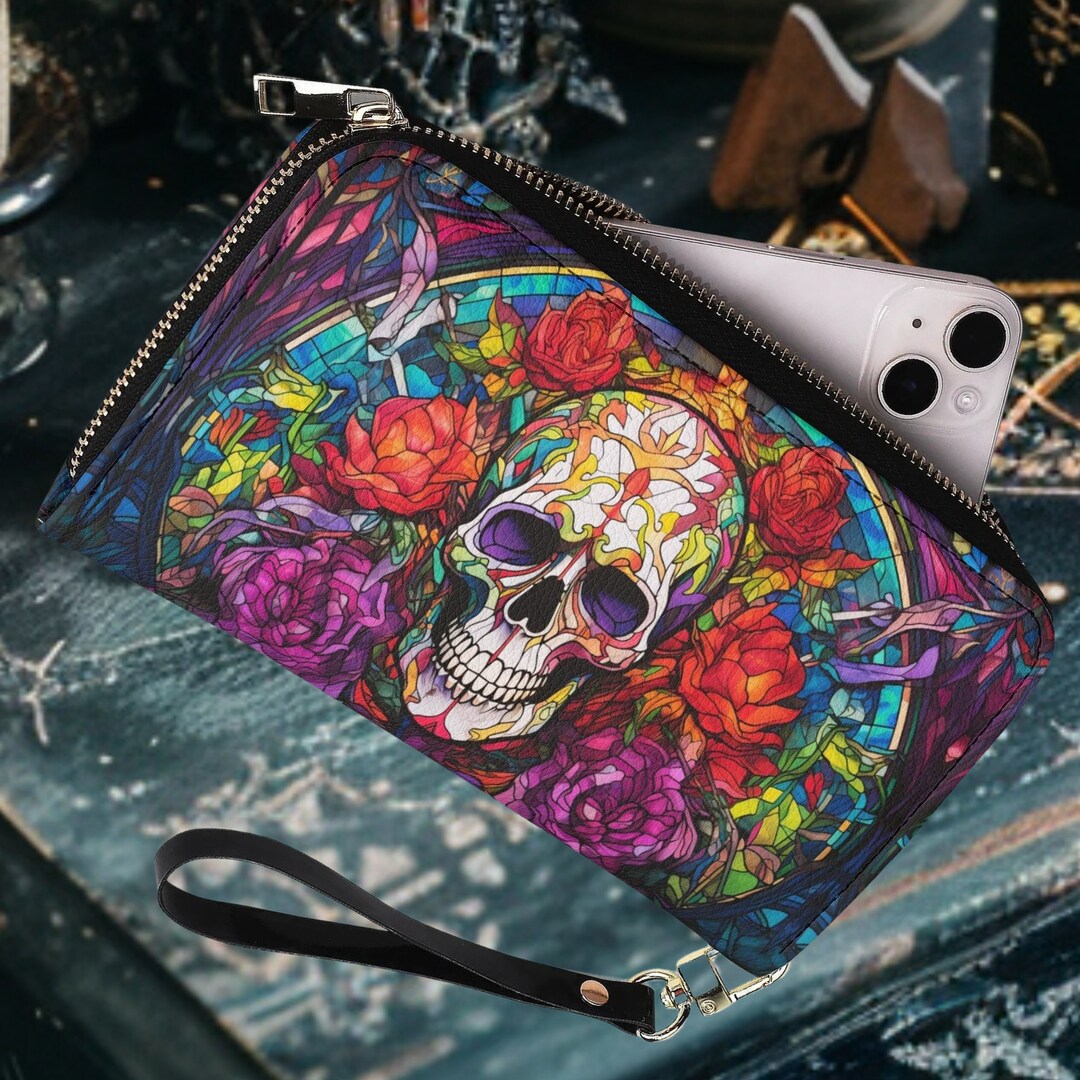 Skull Floral Stained Glass Wallet, Vegan Leather Wallet, Colorful Skull ...