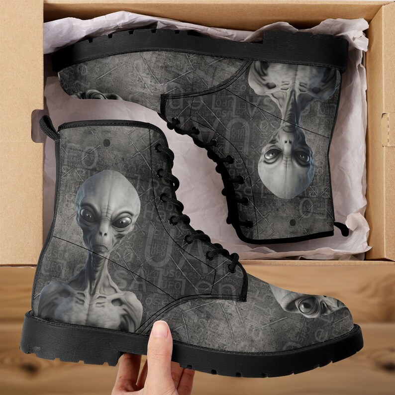 Women's Alien Print UAP Combat Boots, Unique Sci-fi Ankle Boots Gift ...