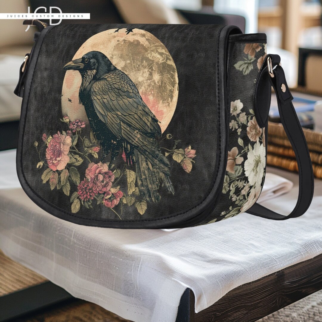 Bohemian Gothic Raven Moon Floral Crossbody Bag, Vintage-inspired ...