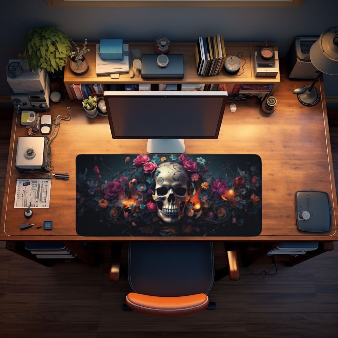 Gothic Skull Floral Desk Mat, Goth Desk Mat, Zen Desk Pad, Extended ...