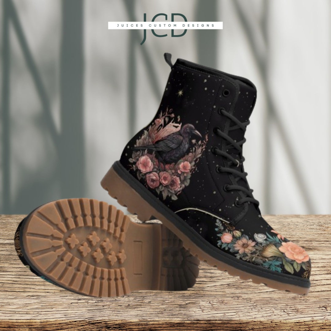 Gothic Floral Raven Women's Vegan Leather Boots, Fun Combat Boots for ...