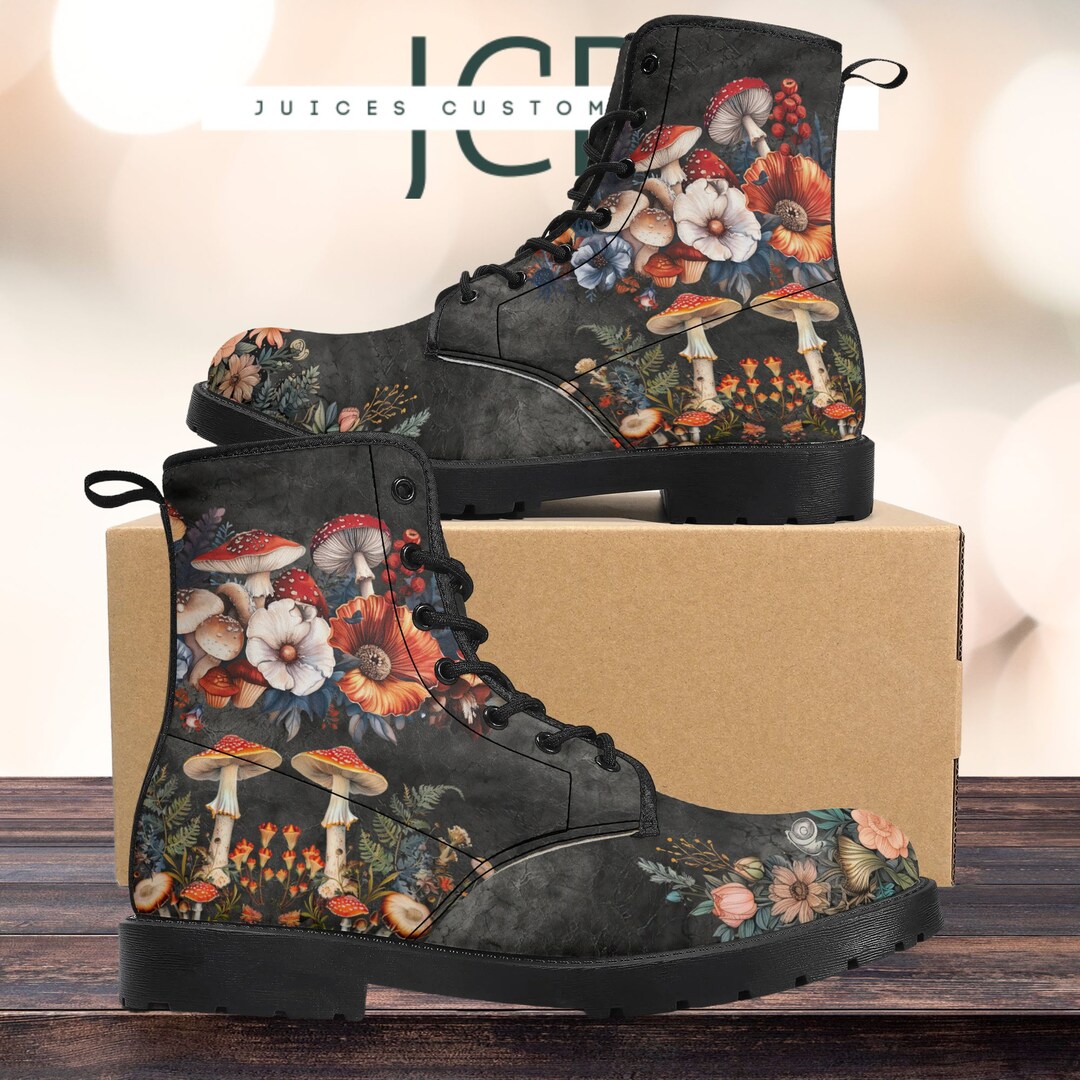 Women's Floral Mushroom Combat Boots, Whimsigoth Print, Unique Goth ...