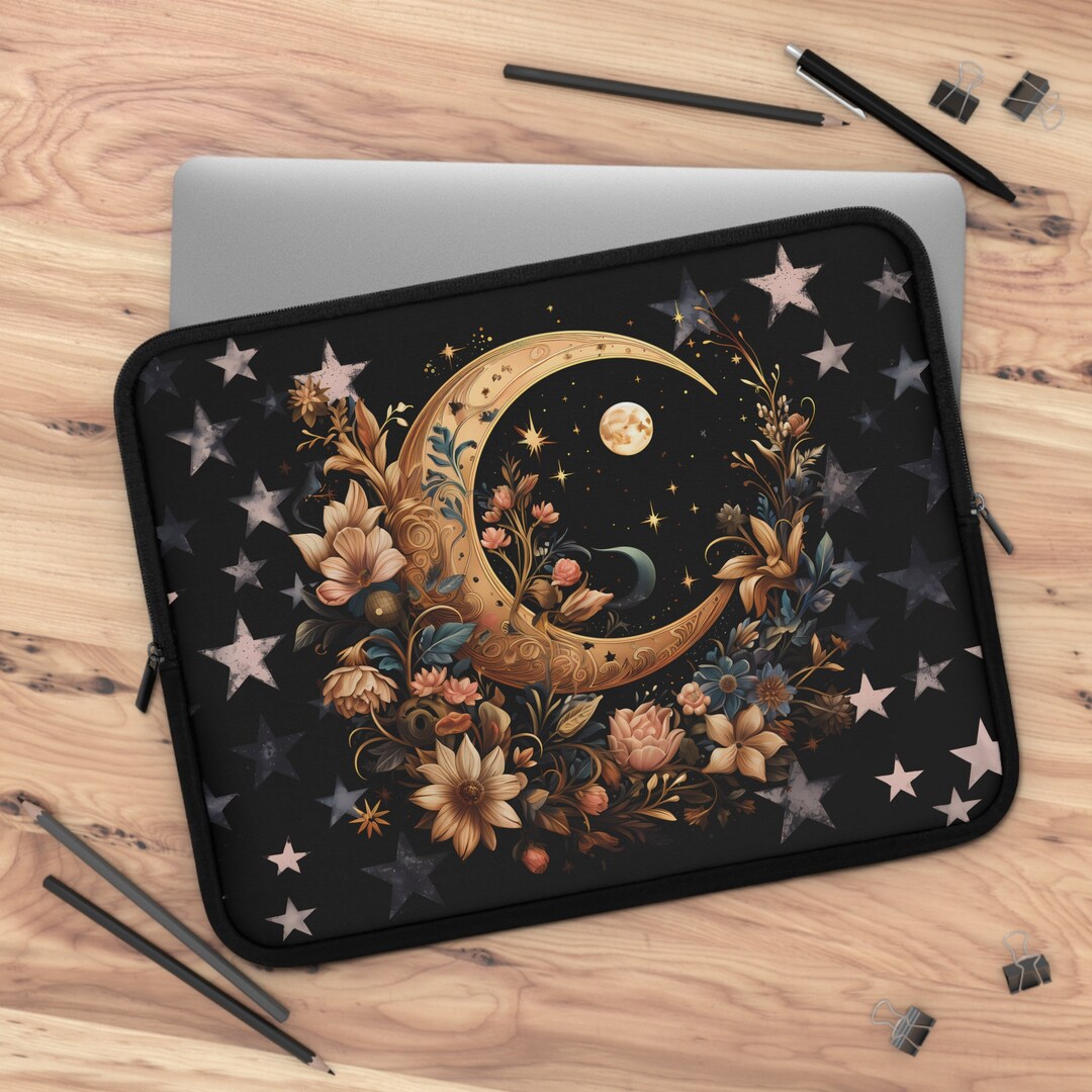 Black Cottagecore Floral Moon Phase Occult Witch Laptop Case, Boho ...