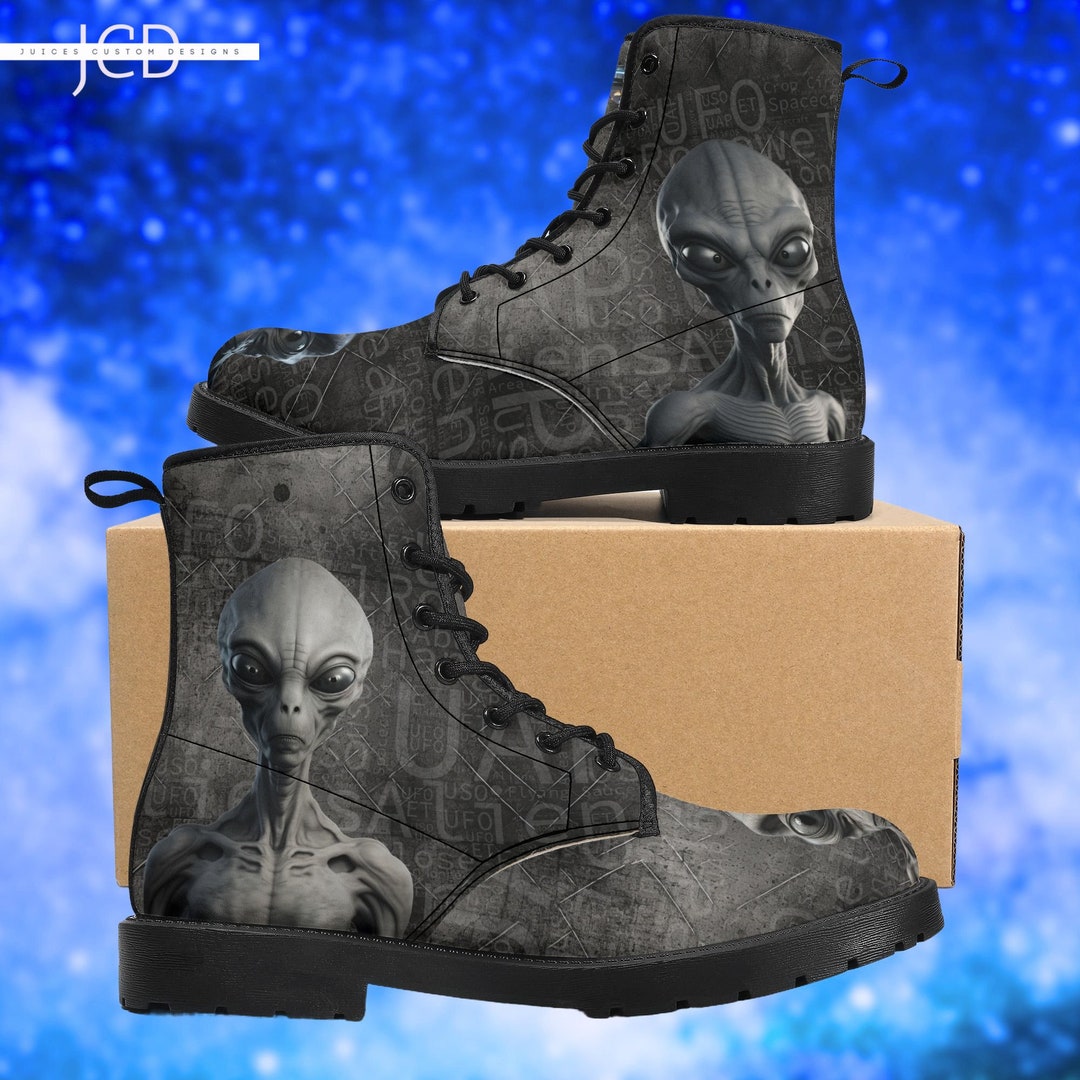 Women's Alien Print UAP Combat Boots, Unique Sci-fi Ankle Boots Gift ...