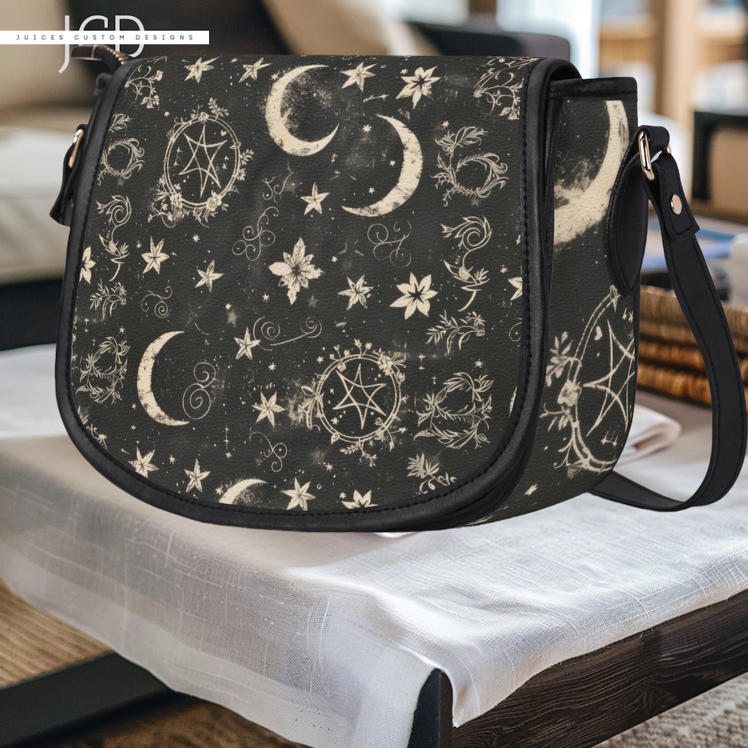 Celestial Moon and Stars Satchel, Women's Black Crossbody Bag, Boho ...