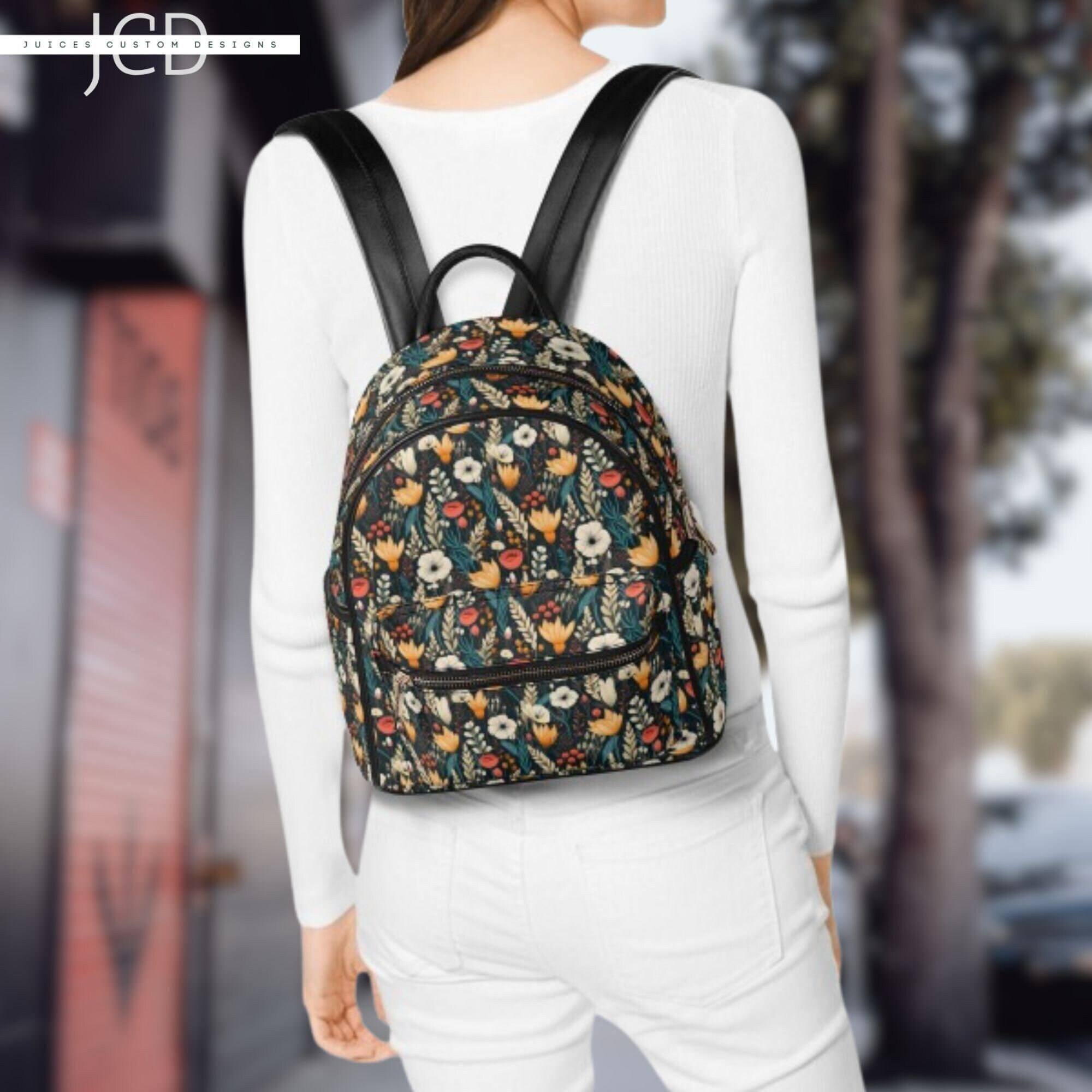 Boho Wildflowers Mini Backpack, Pressed Flowers Vegan Leather PU Travel ...