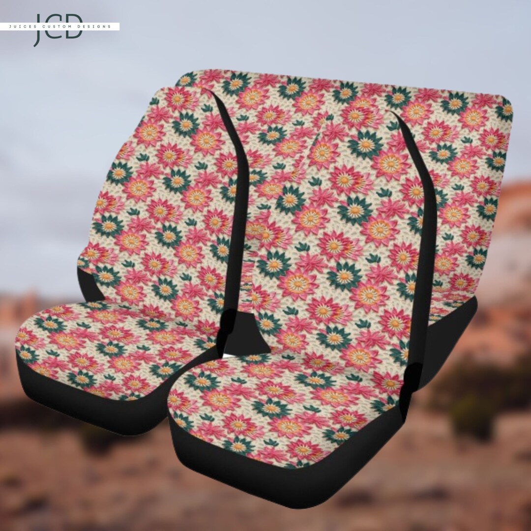Cottagecore Faux Crochet PRINT Wildflowers Car Seat Covers Full Set ...