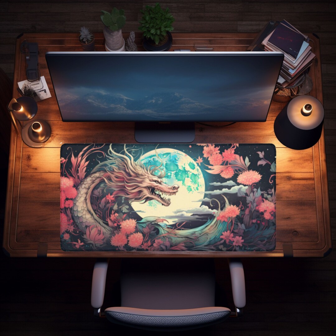 Dragon Desk Mat, Fantasy Mousepad, Floral Moon XL Mouse Pad Various ...