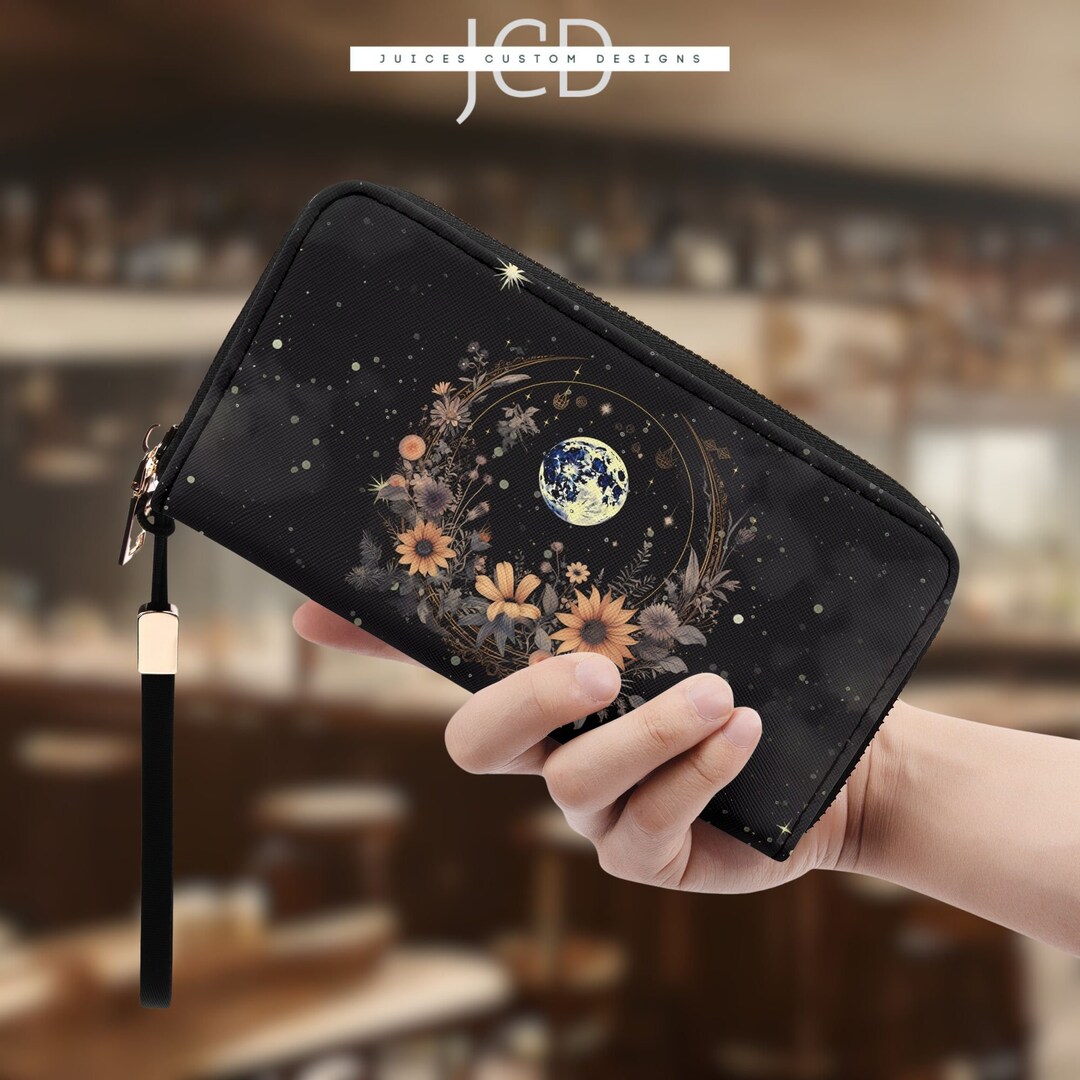 Boho Crescent Moon Floral Long Trifold PU Leather Wallet Cute - Etsy