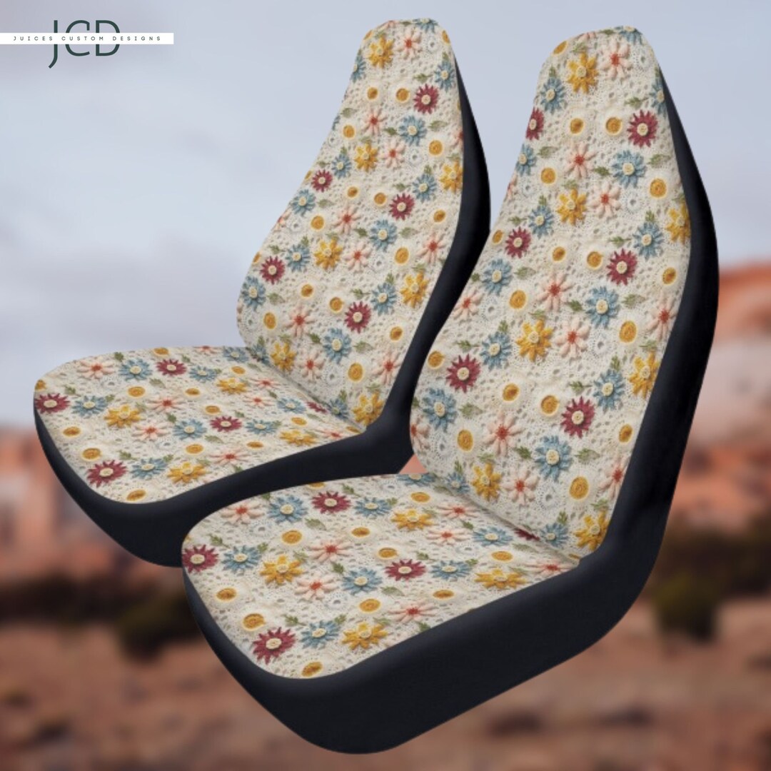 Cottagecore Faux Crochet PRINT Floral Car Seat Covers, Aesthetic ...