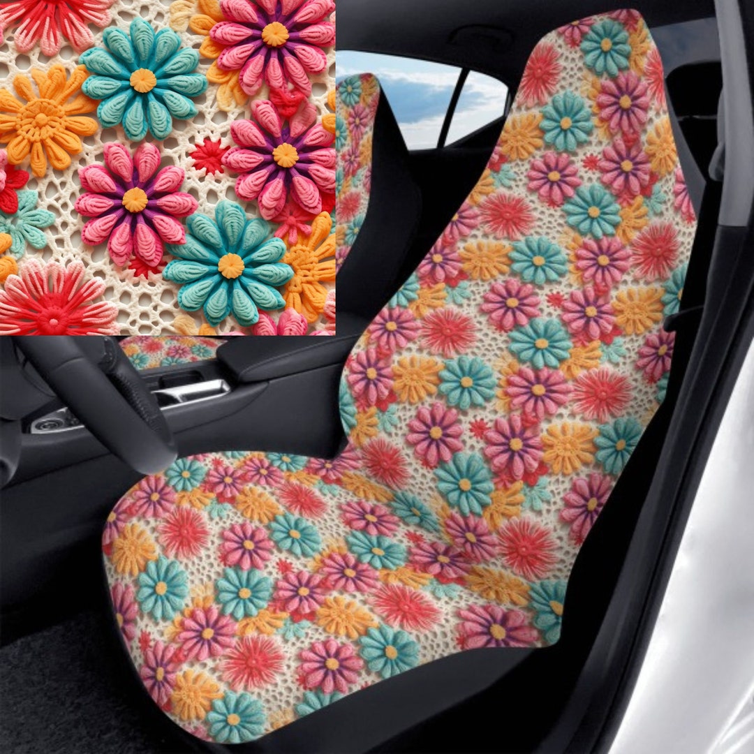 Wildflowers Faux Crochet PRINT Floral Car Seat Covers, Cottagecore ...