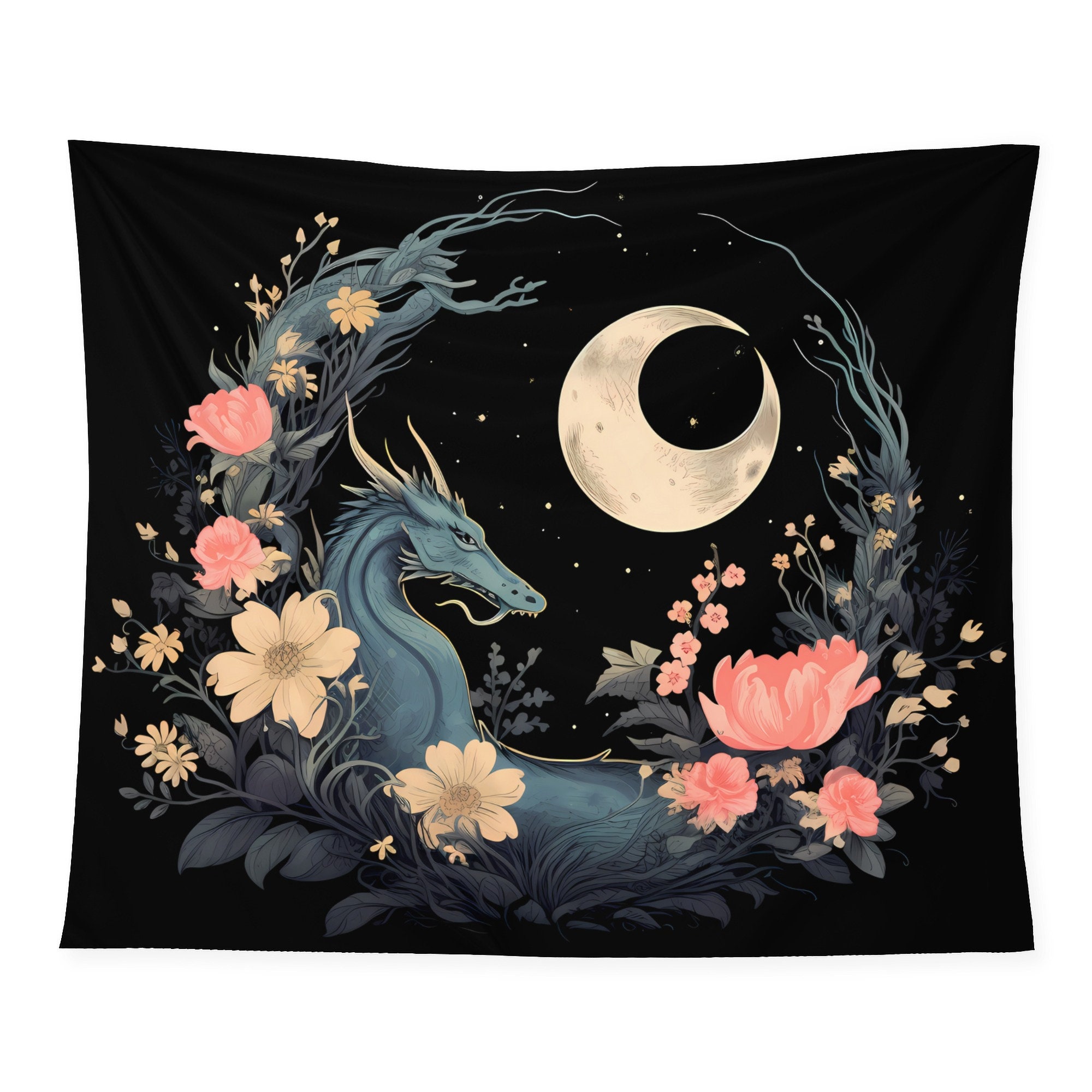 Crescent Moon Dragon Floral Large Goth Tapestry Mystical - Etsy