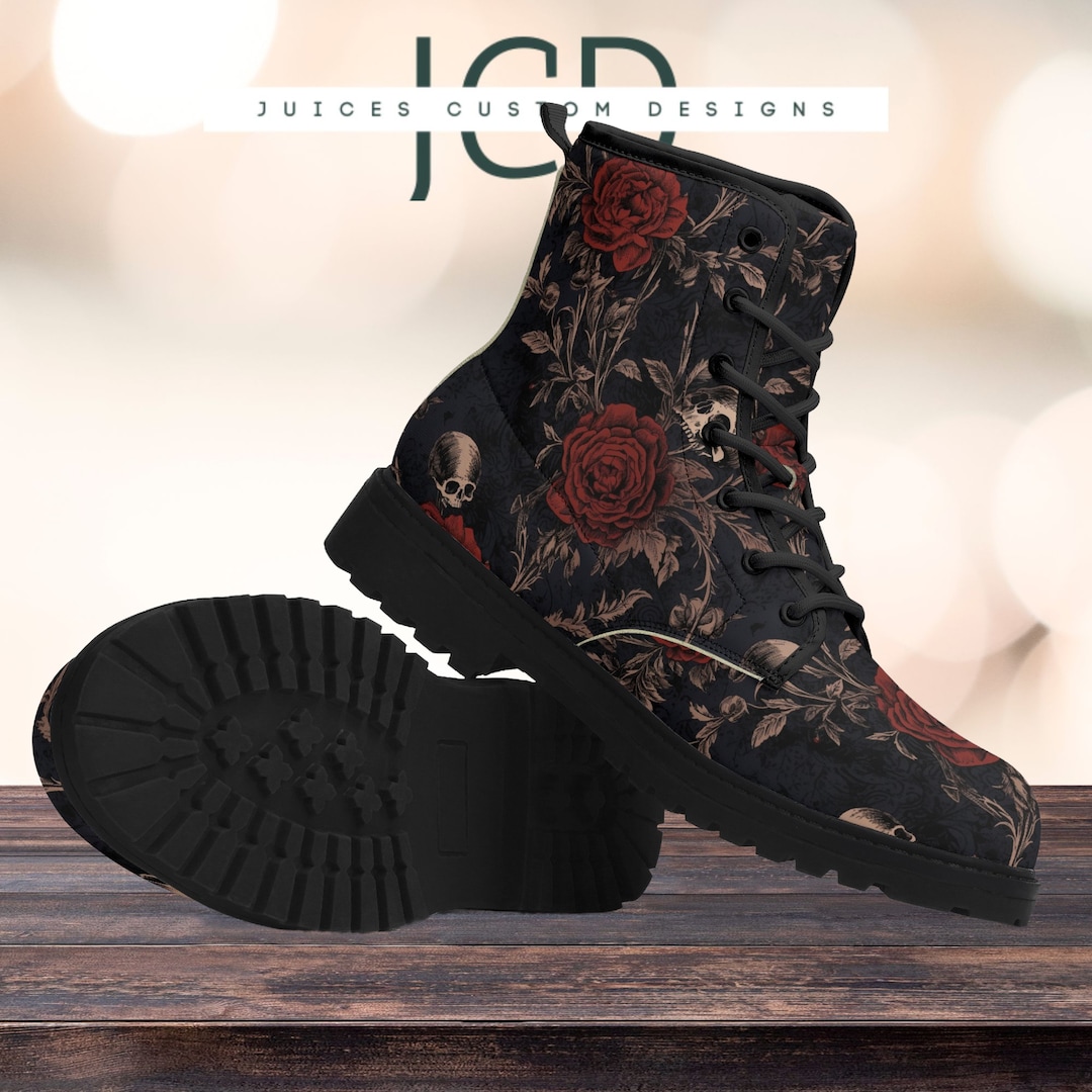 Women's Floral Skull Combat Boots, Fashion Lace-up Gothic Shoes, Black ...