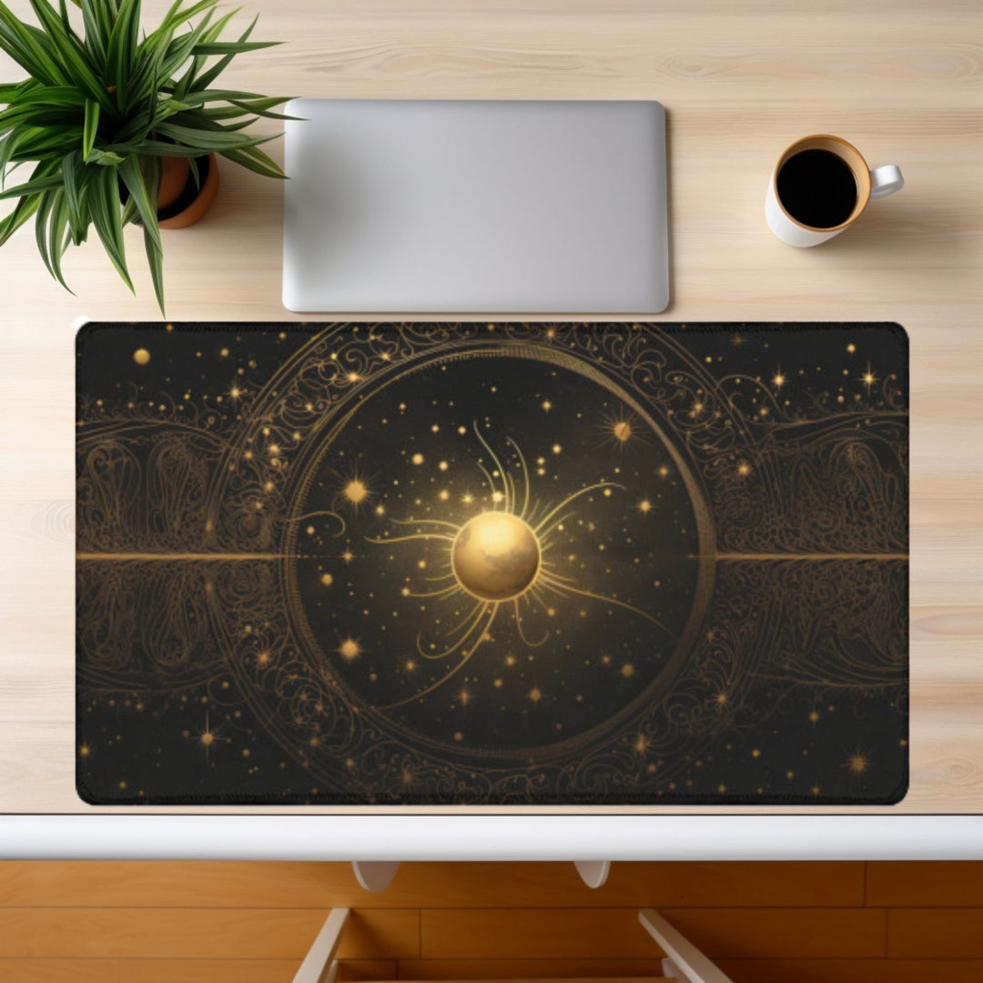 XXL Celestial Sun and Stars Desk Mat, Large Gold and Black Office Decor ...
