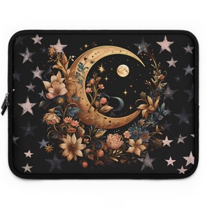 Black Cottagecore Floral Moon Phase Occult Witch Laptop Case, Boho ...