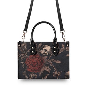 Gothic Skull and Rose Shoulder Bag, Unique Dark Floral Print Handbag ...