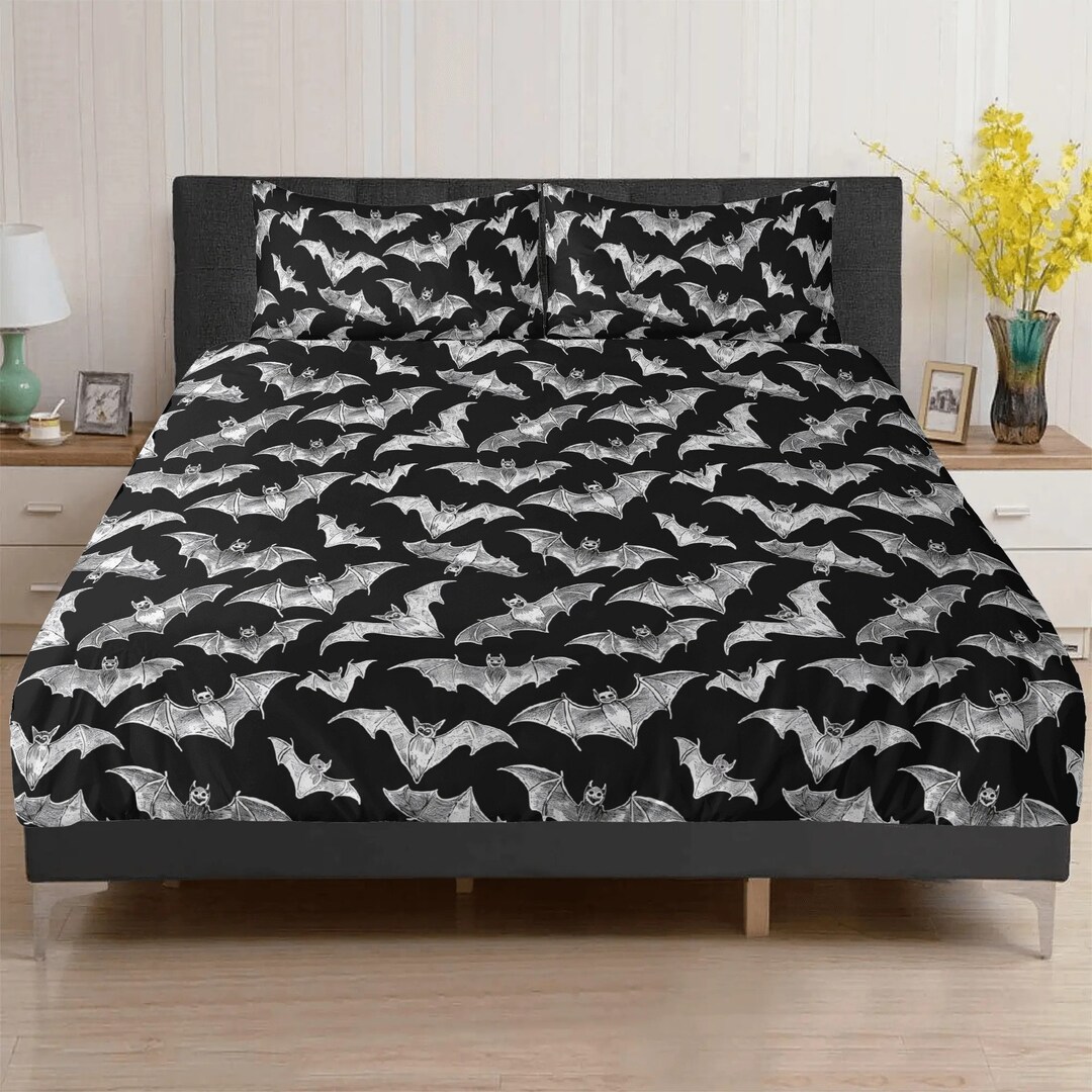 Gothic Bat Print Bedding Set, 3 Piece Comforter Set, Queen Size Duvet ...