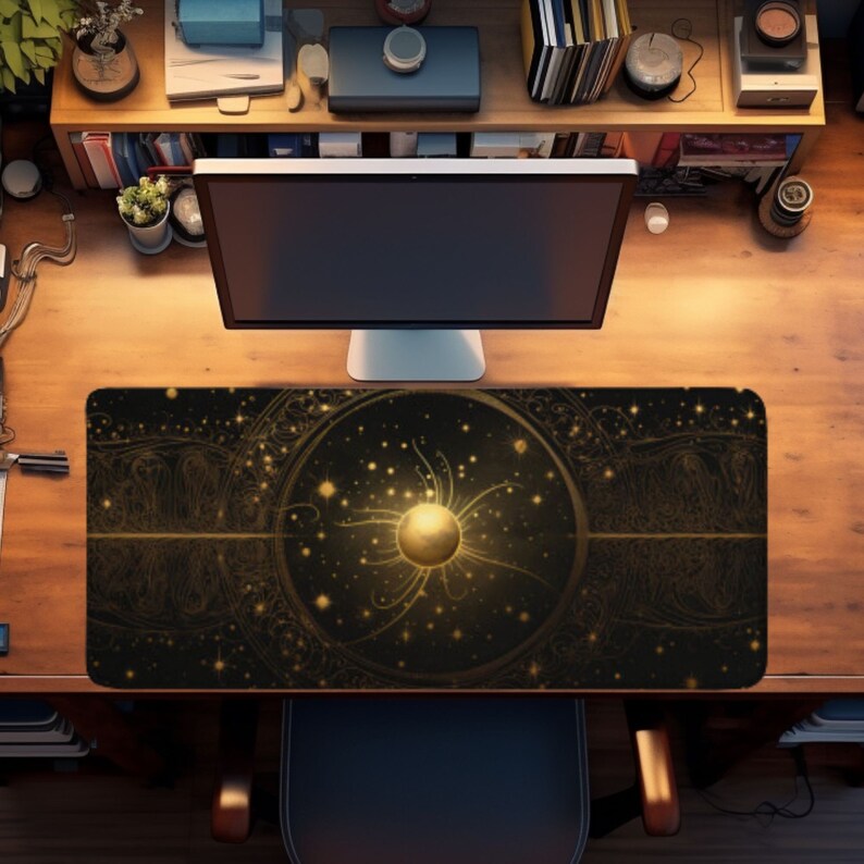 XXL Celestial Sun and Stars Desk Mat, Large Gold and Black Office Decor ...