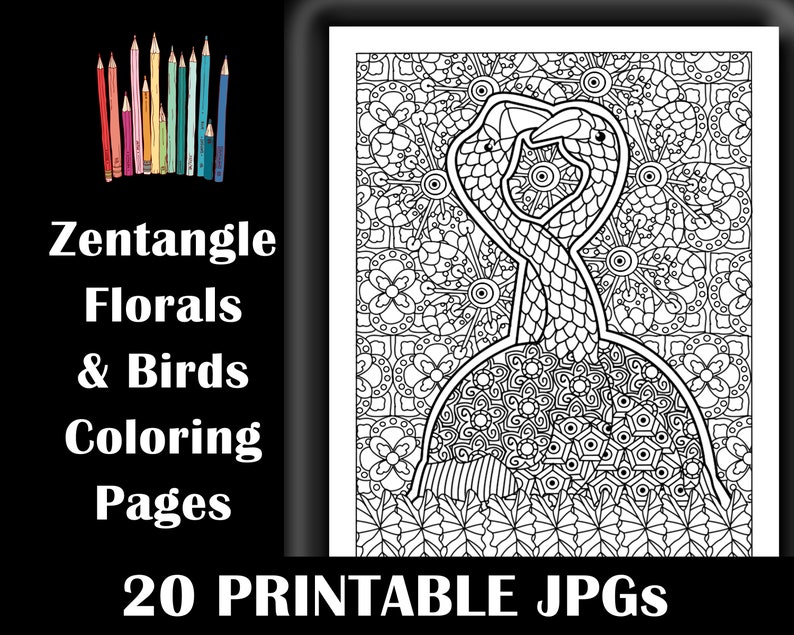 20 Zentangle Birds Coloring Pages Floral and Plants Coloring - Etsy