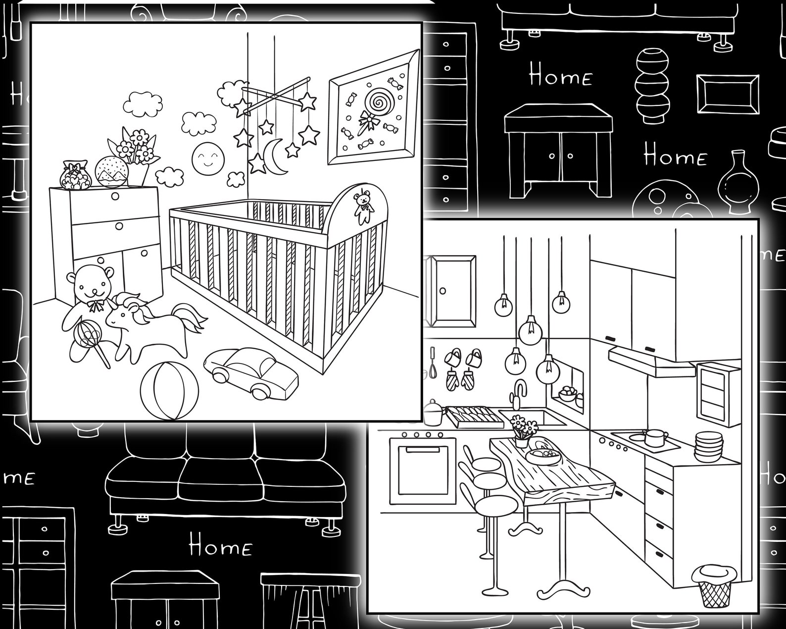 9 Rooms Interior Coloring Pages House Interior Coloring - Etsy