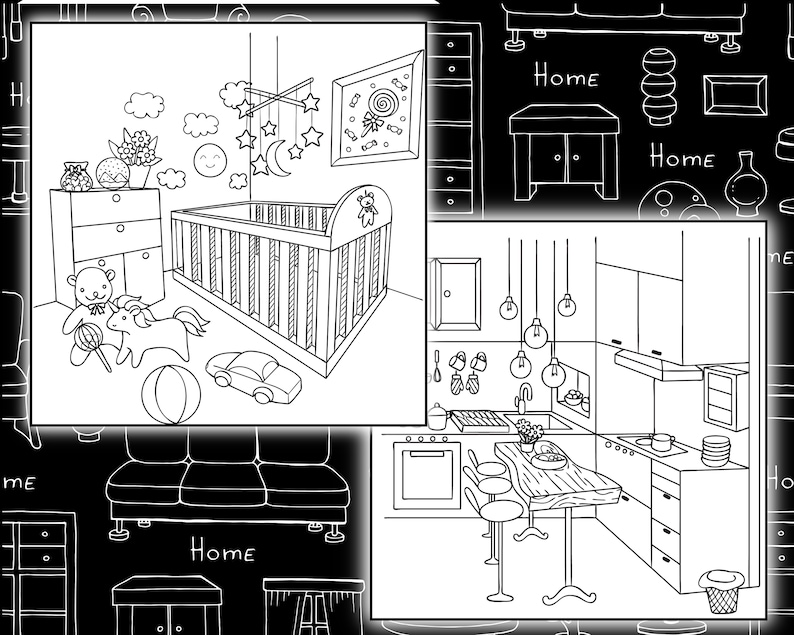 9 Rooms Interior Coloring Pages House Interior Coloring - Etsy
