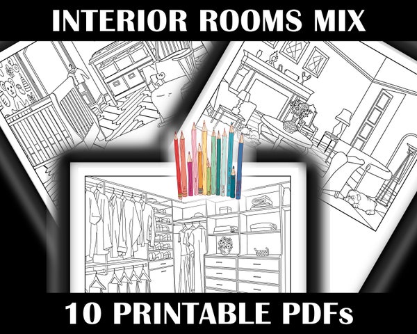 Bundle Of 4 Colouring Pages House Interiors Instant Etsy Canada