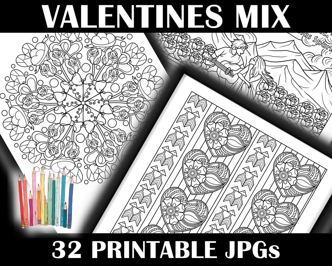 32 Valentine Mix Coloring Pages Includes Valentine Mandalas Patterns ...