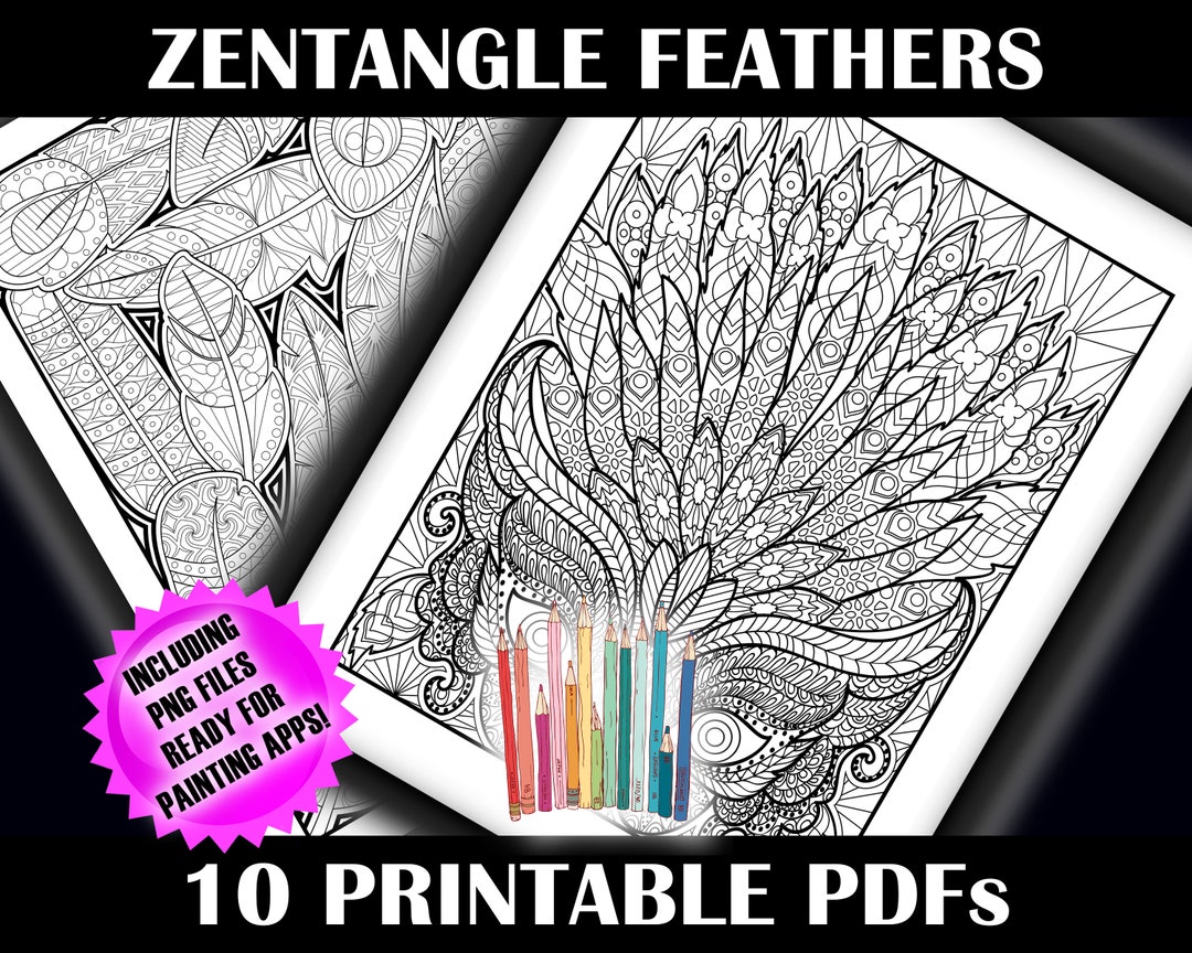 10 Feather Pattern Coloring Pages Feather Coloring in Zentangle Style ...
