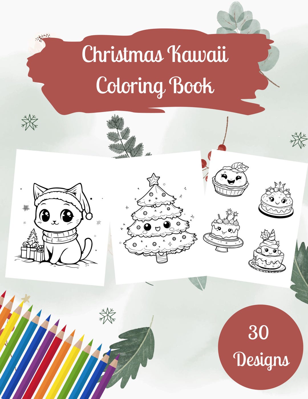 Kawaii Christmas Coloring Pages, 30 Cute and Cozy Holiday Illustrations ...