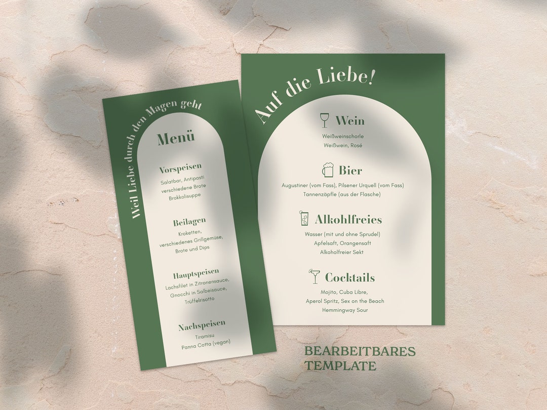 Boho Menu and Drink Cards Bundle Green Editable - Etsy
