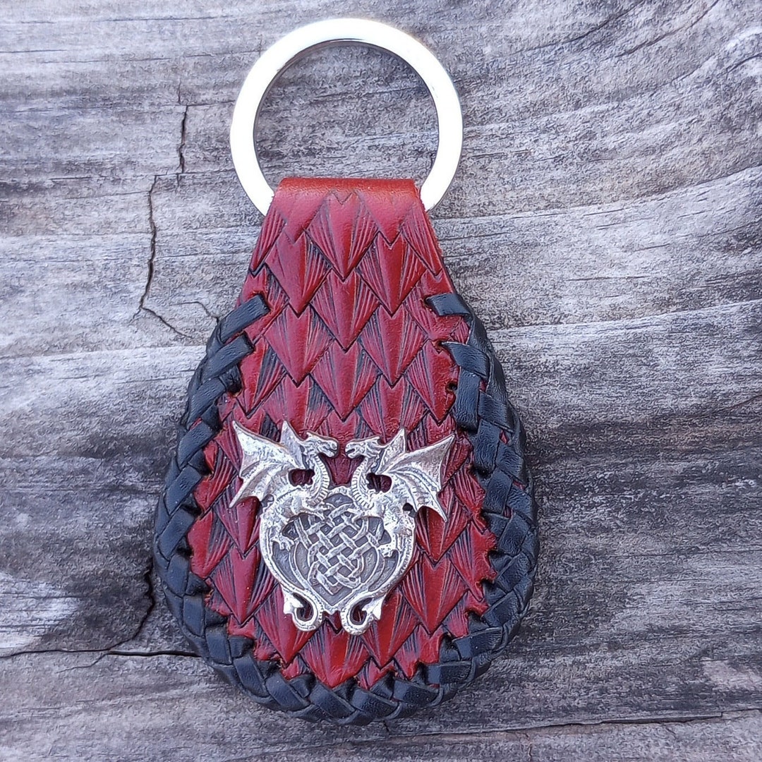 Large Red Dragon Scale Leather Keychain Silver Tone Celtic Dragon ...
