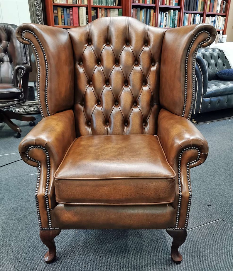 2 X Chesterfield Scroll Wing High Back Chairs Antique Tan Leather - Etsy