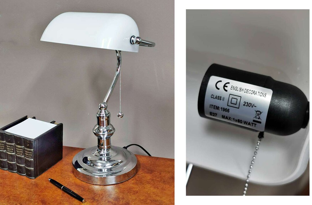 Banker's Lamp Chrome White Glass Shade With Pull Cord - Etsy