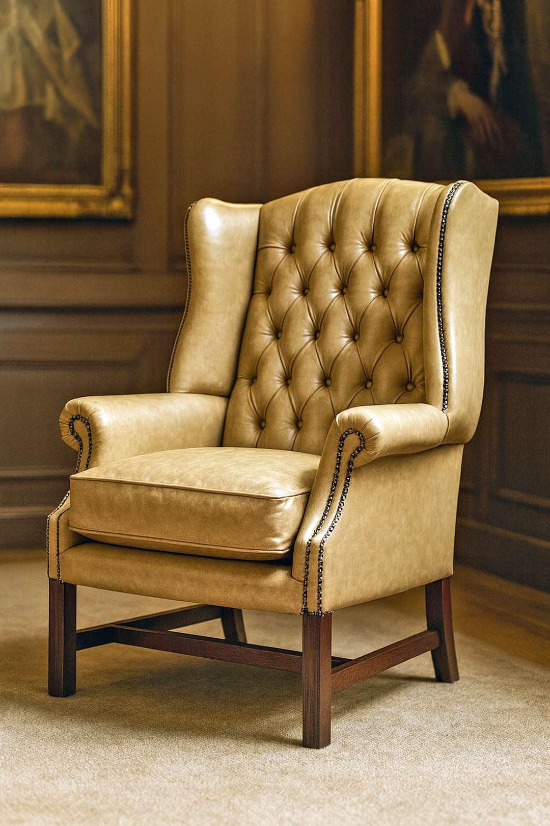 Handmade English Wingback Chair • Premium Parchment Leather • Mahogany ...