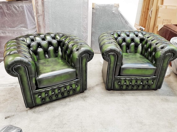 Set of 2 Chesterfield Club Armchairs Made of Antique Green Leather Etsy