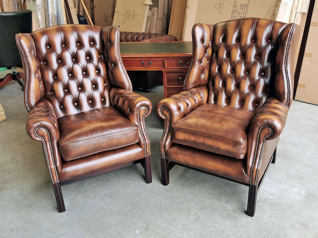 2 X Chesterfield Scroll Wing High Back Chairs Antique Tan Leather ...