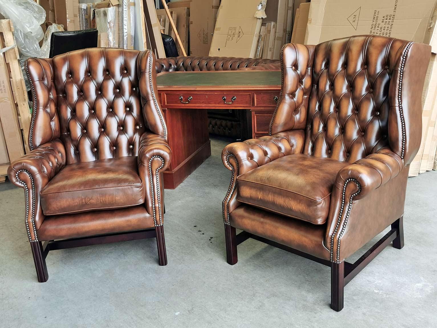 2 X Chesterfield Scroll Wing High Back Chairs Antique Tan Leather ...
