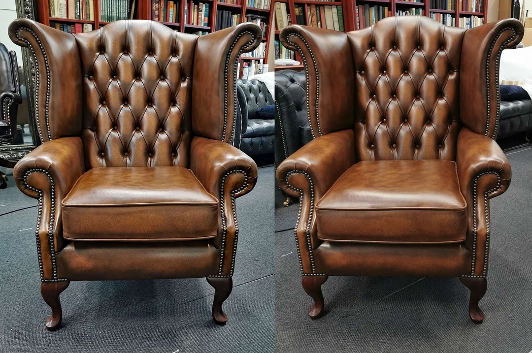 2 X Chesterfield Scroll Wing High Back Chairs Antique Tan Leather - Etsy UK