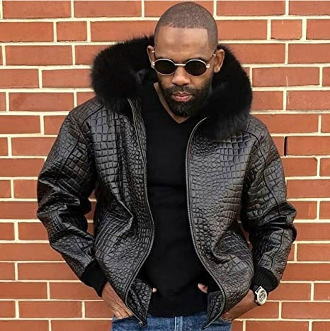 Men's Real Leather Jacket Crocodile Embossed Jacket Fur Hood Biker Black Jacket Personalized ...