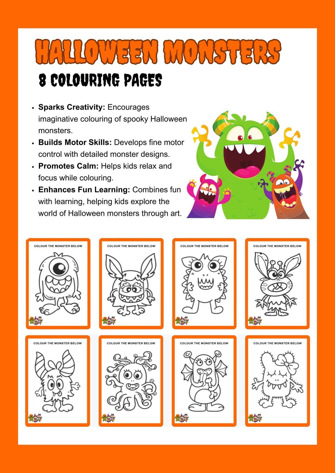 Halloween Monster Coloring Pages: Kids Activity Sheets (digital ...