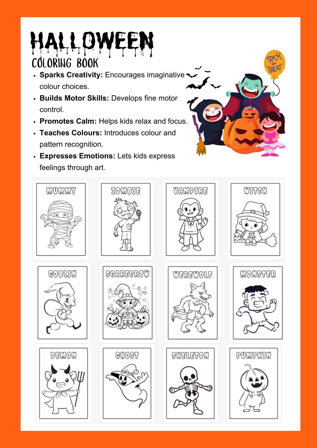12 Halloween Coloring Pages for Kids, Printable Coloring Pages ...