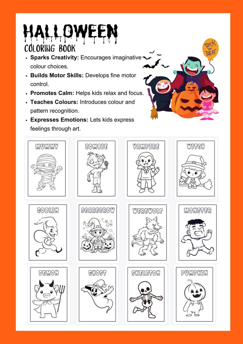 12 Halloween Coloring Pages for Kids, Printable Coloring Pages ...