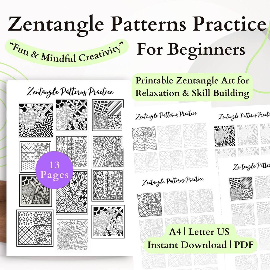 Zentangle Patterns Practice Sheets | 13-page Printable Mindful Drawing ...