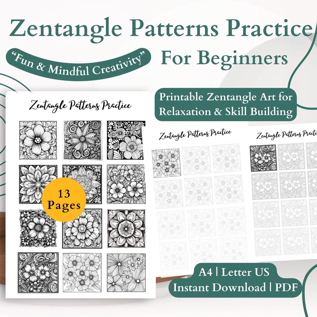 Zentangle Patterns Practice Sheets | 13-page Printable Mindful Drawing ...